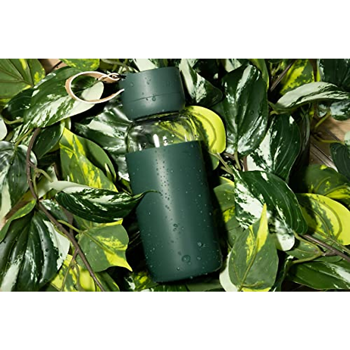 Boukali 400ML Glass Water Bottle With Magnetic Leather Strap/Silicone Sleeve/Leak Proof BPA Free (Green)