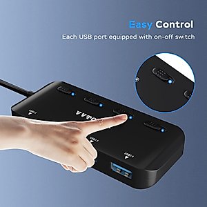 USB 3.0 Hub Splitter, 4-Port USB Extender Hub for Laptop, VVTOYER Multi USB Port Expander Adapter with Individual Power Switches