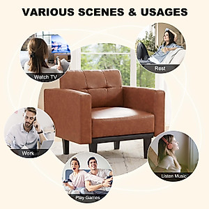 AYEASY Mid-Century Modern Leather Accent Set of 2, Oversized Upholstered Single Sofa Chair with Wood Base & Legs, Comfy Living Room Armchairs for Apartment Bedroom Office Study, Cognac/Espresso, Brown