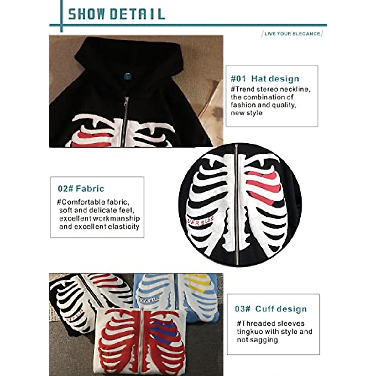 NUFR Unisex Skeleton Zip Up Hoodie Fashion Vintage Jacket Graphics E-Girl 90s Sweatshirt for Men and Women for Teen Girls Boys Black