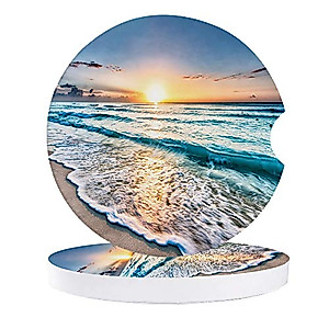 Small Car Coasters for Cup Holders 2.65" Absorbent 2 Pack Car Coaster Ceramic Stone for Drinks Absorb Water Drops Ocean Theme Sand Beach Wave Sea Water Pattern