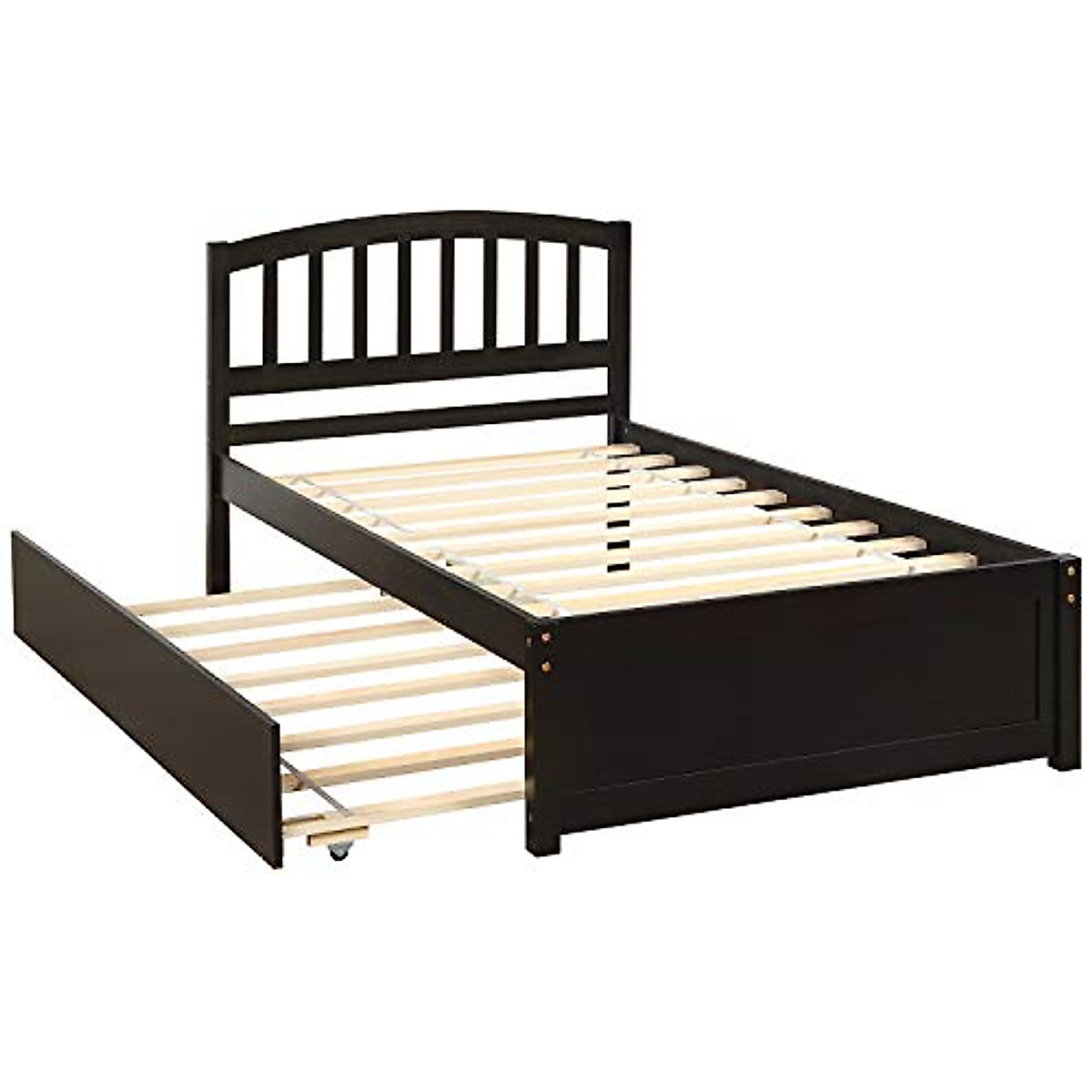 TARTOP Twin Size Platform Bed Wood Bed Frame with Trundle, Wood Bed Frame with Trundle and Slatted for Kids Teens Adults,No Box Spring Needed,Espresso