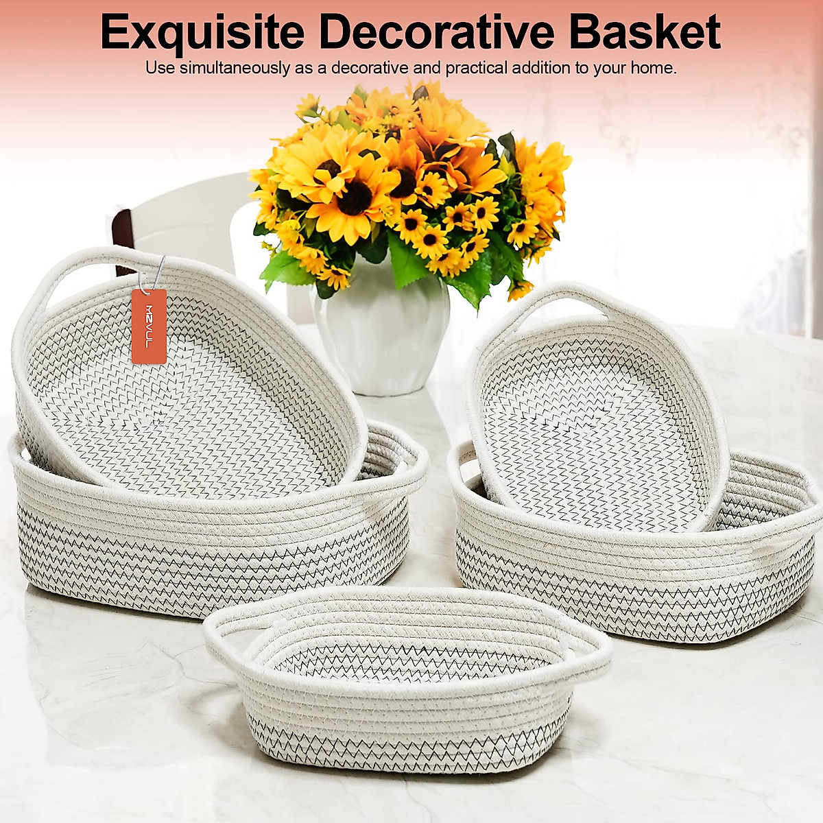 MZVUL Cotton Rope Storage Basket, 5 PCS Woven Baskets for Organizing, Dog Toy Storage Small Baskets, Cuboid Woven Storage Basket with Handles for Baby Nursery, Bathroom Organizer Bins (Black Stripe)