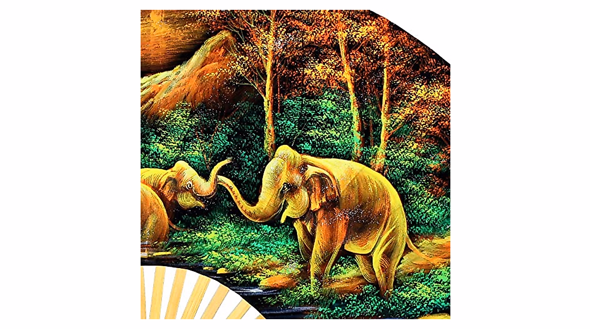 Hand-Painted Velvet Wall Fan - Elephants Art Decor