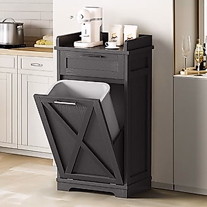 DWVO 10 Gallon Trash Cabinet with Storage Cabinet ＆ Drawer, Wooden Tilt Out Trash Cabinet Hidden Garbage Bin Cabinet, Tilt-Out Hamper for Kitchen Island, 20.5" W x 14" D x 39" H, Black