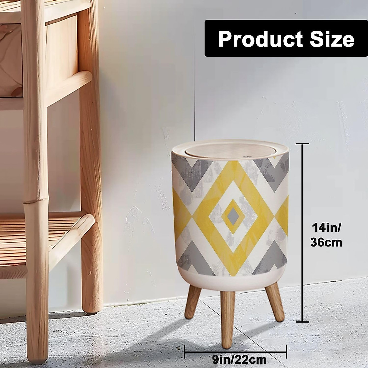 LGCZNWDFHTZ Small Trash Can with Lid for Bathroom Kitchen Office Seamless Abstract Geometric Pattern Pastel Yellow Gray White Diagonal Garbage Bin Waste Basket Decorative 1.8 gallons, 14x9inch