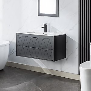 eclife 36" Bathroom Vanities Cabinet with Sink Combo, Wall Mounted Floating Cabient with Decoration Lines, Soft-Close System, 2 Extra Big Drawers, Matte Black Faucet, Black, THKFSF022