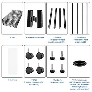 5 Tier NSF Wire Shelf Shelving Unit, 14 x 30 x 60 Inch 750lbs Capacity Adjustable Storage Metal Rack with Wheels/Leveling Feet & Shelf Liners, Ideal for Garage, Kitchen, Office Home and More - Black