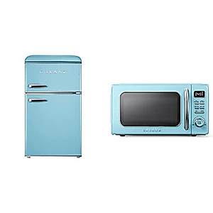 Galanz GLR31TBEER Retro Compact Refrigerator, Mini Fridge with Dual Doors, 3.1 Cu FT, Blue & GLCMKZ11BER10 Retro Countertop Microwave Oven with Auto Cook & Reheat, Defrost, 1.1 cu ft, Blue