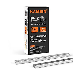 KAMSIN 71 Series 22 Gauge Galvanized Fine Wire Staples, 3/8-Inch(9mm) Crown 1/4-Inch(6mm) Leg Length Upholstery Staples for Fabric, Upholstering, Furniture, Cabinet (10,000 per Box)