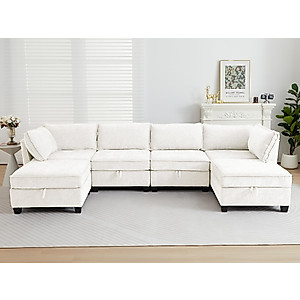 Corner Modular Sectional Sofa Set, Convertible L Shaped Couch with Storage, 6 Seater Sofa Modular with Ottomans and Reversible Chaise for Living Room, Office (Beige)