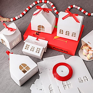 Yinder 25 Pcs House Shaped Gift Boxes with Red Ribbons House Shaped Candy Boxes House Treat Boxes Party Favors Cookie Boxes for Gift Giving White Paper Gable Boxes for Wedding Xmas Party, 4 Styles