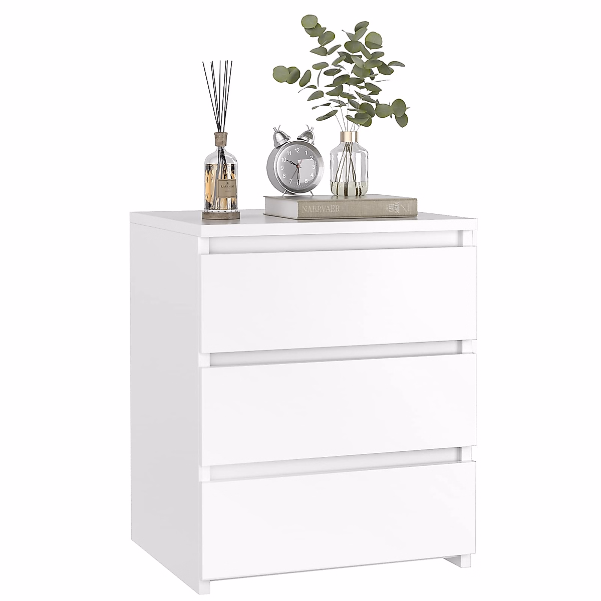 FOTOSOK White Nightstand with 3 Drawers, White Bedside Table Night Stand for Bedroom with Cut-Out Handle, Sofa Side Table 3 Drawer Nightstand for Bedroom, 17.7W*15D*21.7H