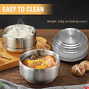 Aynaxcol Stainless Steel Rice Bowl with Lid, Set of 2, for Korean Kitchen Restaurant, Double-walled Metal Bowls, Multi-Purpose Insulated Soup Bowls Snacks Bowls (11.5cm Silver)