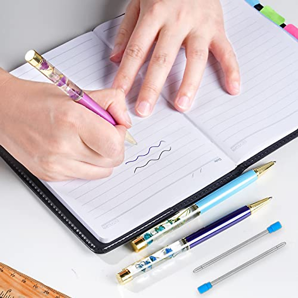 Miayon 10Pcs Liquid Floral Pens Rose Metal Ball Pen With 10pcs Extra Refills Blue Ink Colorful Ballpoint Pens Refillable Ball Pen Office Supplies for School Office Home Christmas New Years Gift Pens