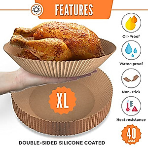 Air Fryer Liners XL FAMILY SIZE, 100 Pcs, 9.06-inch Internal Diameter Disposable Paper Liner for Baking Frying Grilling Roasting Microwave - Unbleached Non-Stick Oil-proof. For ROUND &/SQUARE Fryers