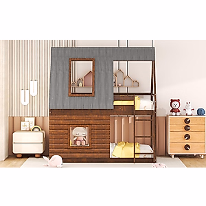 Merax Twin Over Twin Bunk Bed Wood Frame with Roof, Ladder and 2 Windows for Kids Teens Girls Boys，Oak & Smoky Grey