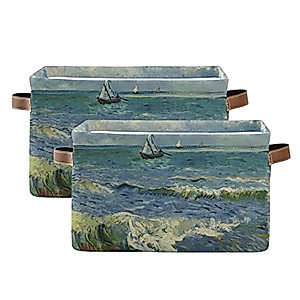 xigua 1PCS Storage Basket Van Gogh Sailboat Collapsible Organizer with Handle, Large Storage Bins for Bedroom, Living Room, Closet, Shelves