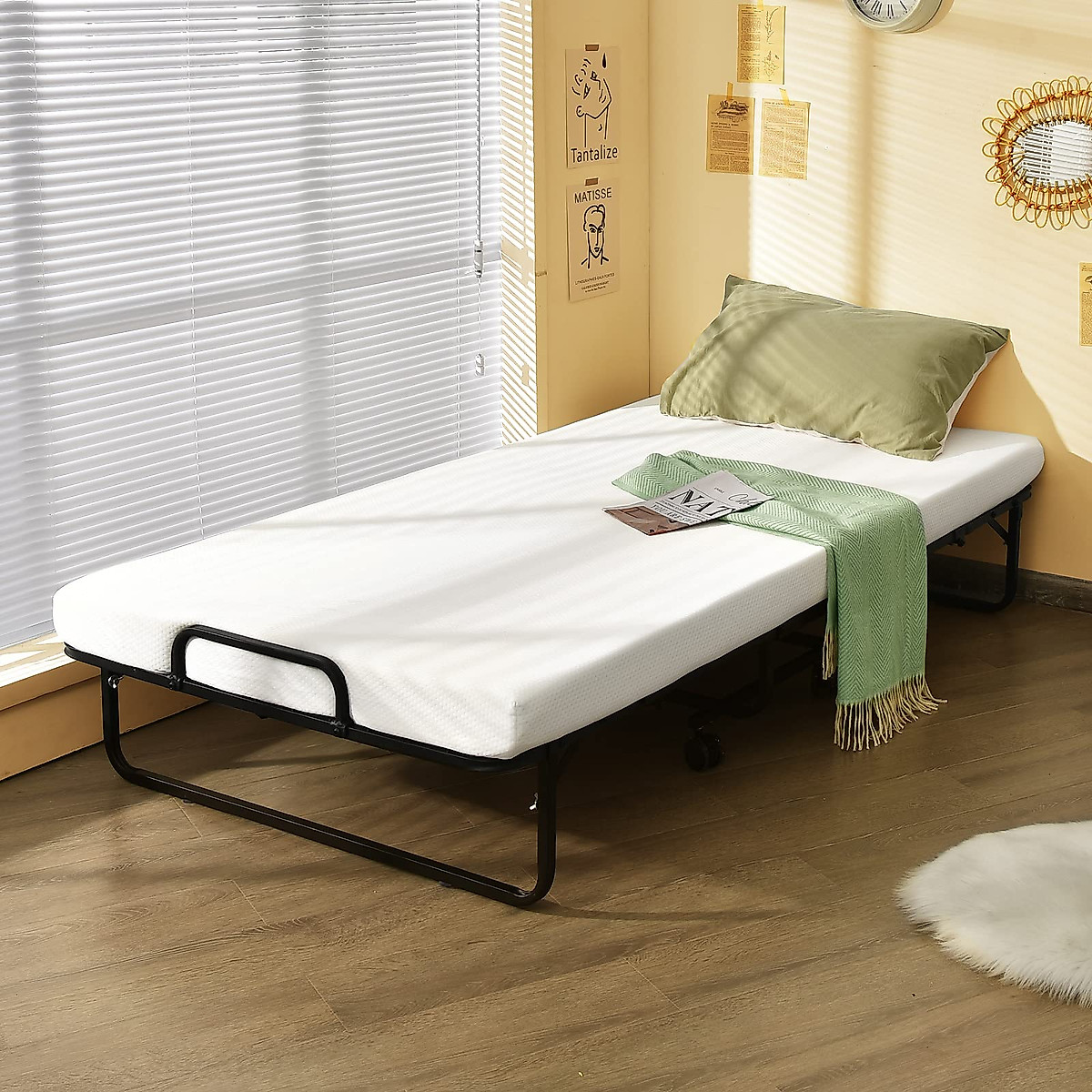 GORELAX Folding Bed with Mattress for Adults, Twin Size Small Portable Bed Set w/Metal Bed Frame & 4” Memory Foam Mattress, Foldable Bed Sleeping Cot Bed on Lockable Wheels, Rollaway Guest Bed