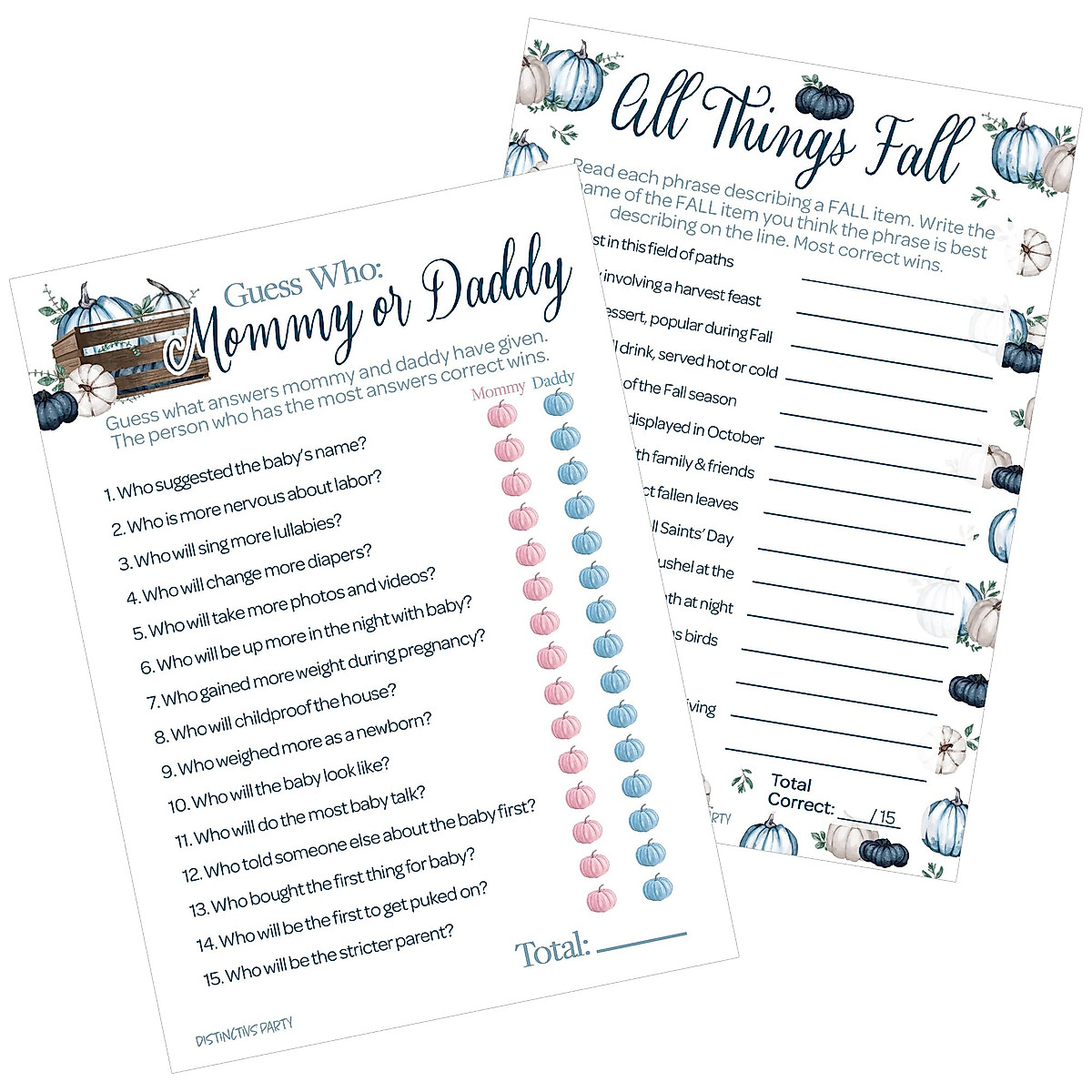 Blue Little Pumpkin Boy Baby Shower Party Games - Guess Who Mommy or Daddy and All Things Fall Matching Game (2 Game Bundle) - 20 Cards, Fall Baby Shower