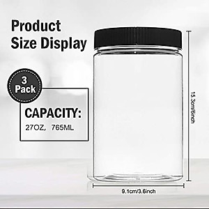 Vumdua 27 Ounce Plastic Jars with Lids, 3 Pack Food Storage Containers Airtight, Clear Containers for Organizing