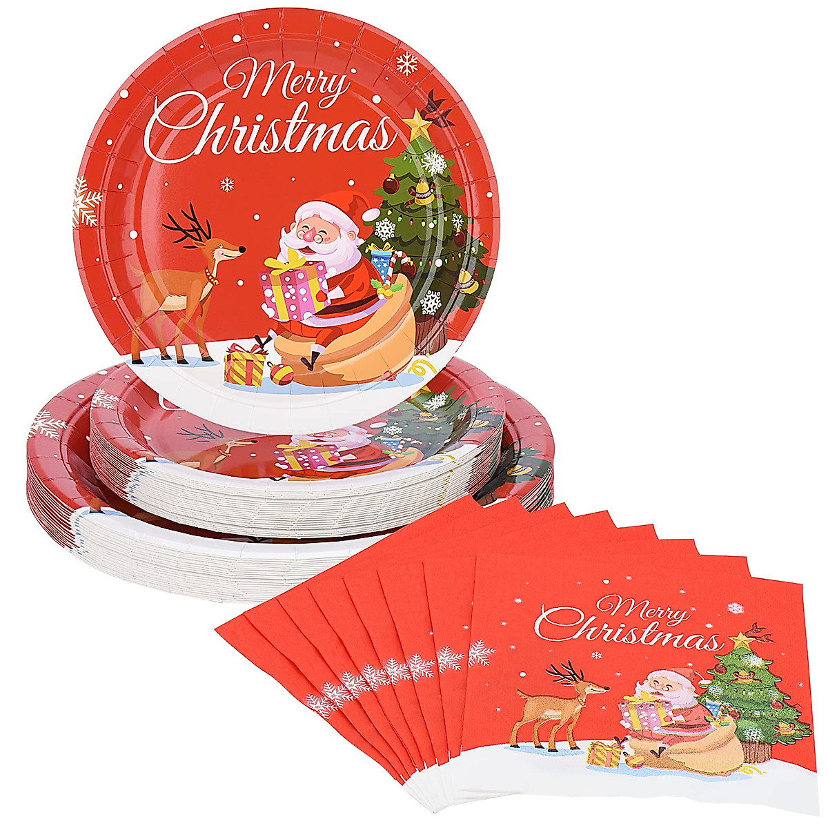 Bluechok Christmas Party Paper Plates Sets, 72Pcs Santa Elk Print Decorations Supplies, Disposable Xmas Holiday Decor Tableware Set Includes Paper Plates and Napkins for 24 Guests