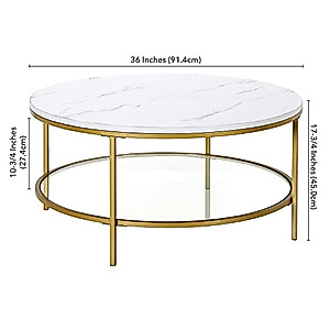 Henn&Hart 36" Wide Round Round Coffee Table with Faux Marble Top in Gold, Modern Round Coffee Tables for living room, studio apartment essentials