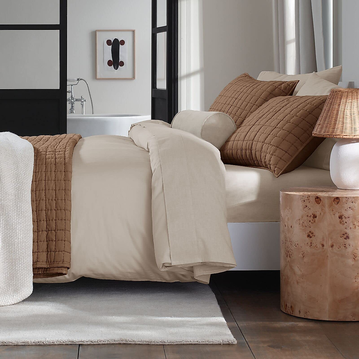 Nate Home by Nate Berkus Solid All-Season Cotton Textured Quilt Set | Breathable and Comfortable Bedding from mDesign - Full/Queen Size - 1 Quilt/2 Pillow Shams, Truffle (Brown)