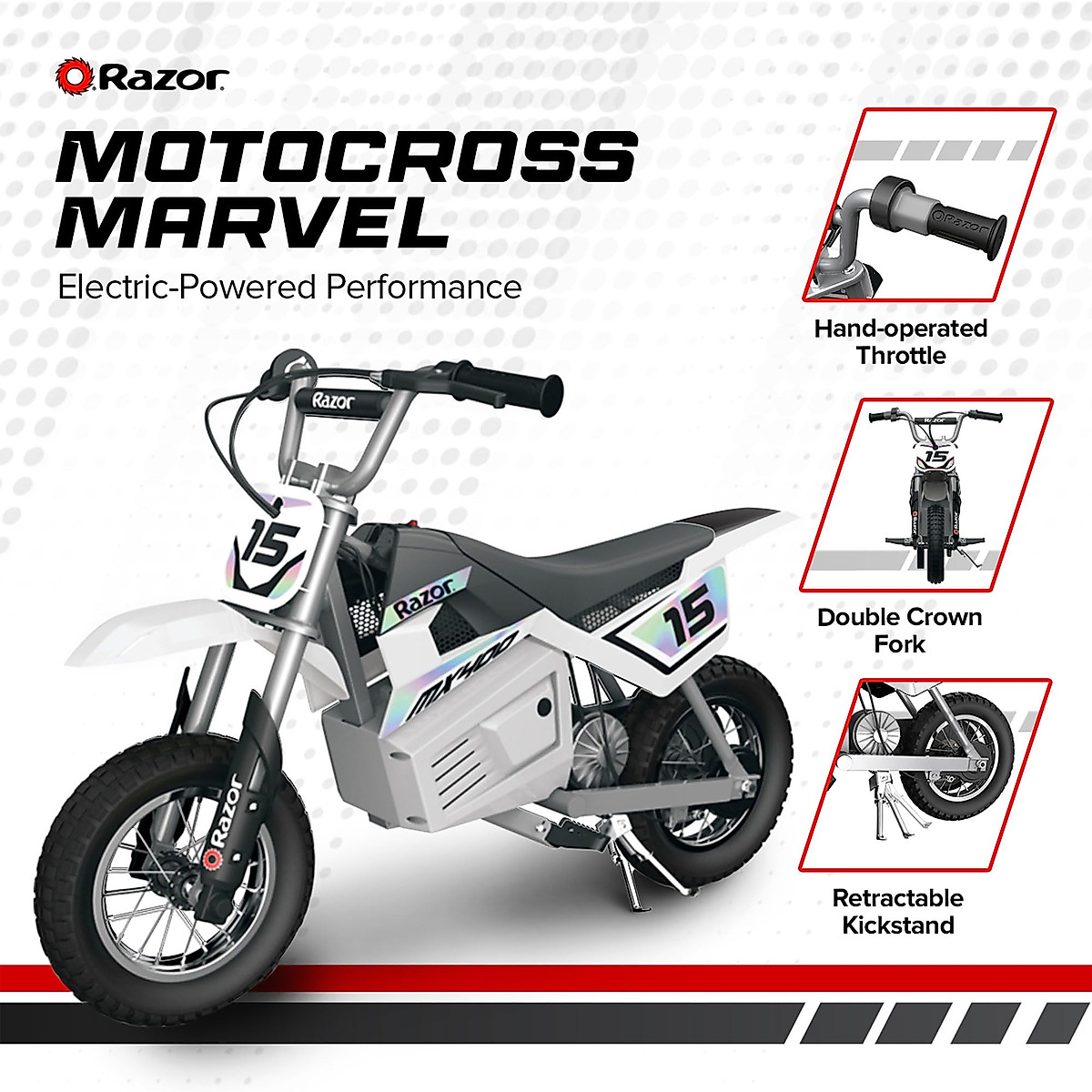 Razor MX400 Dirt Rocket 24V Ride On High-Torque Electric Motocross Motorcycle Toy Dirt Bikes, Speeds up to 14 MPH, for Ages 13+, 1 White & 1 Green