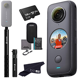 Insta360 ONE X2 360 Camera with Touchscreen - 5.7K30 360 Video, Front Steady Cam Mode, 18MP 360 Photo + InstaPano | Bundle Includes Bullet Time Kit & 128GB Memory Card (3 Items)