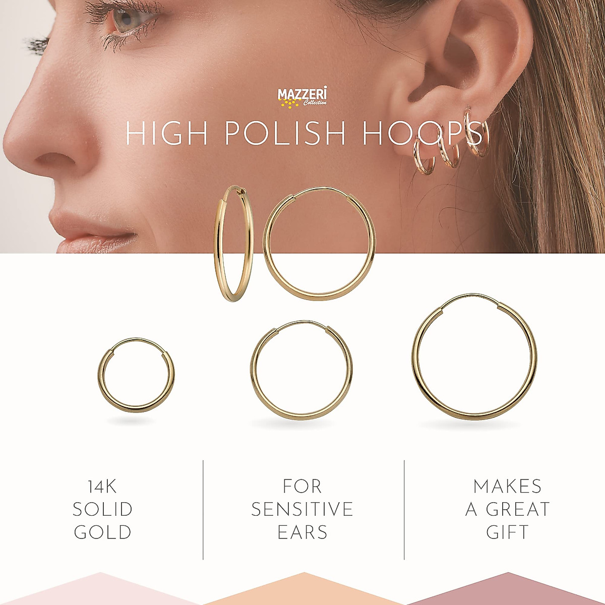 High Polish 14k Gold 1mm Endless Closure Hoop Earrings (12mm)