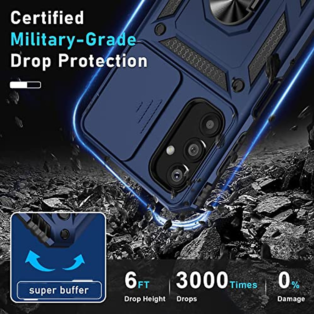 Janmitta Samsung Galaxy A14 5G Case Built in Slide Camera Lens Cover and Screen Protector,Heavy Duty Shockproof Full Body Protective Phone Cover,Built in Finger Ring Stable Holder Kickstand,2023 Blue
