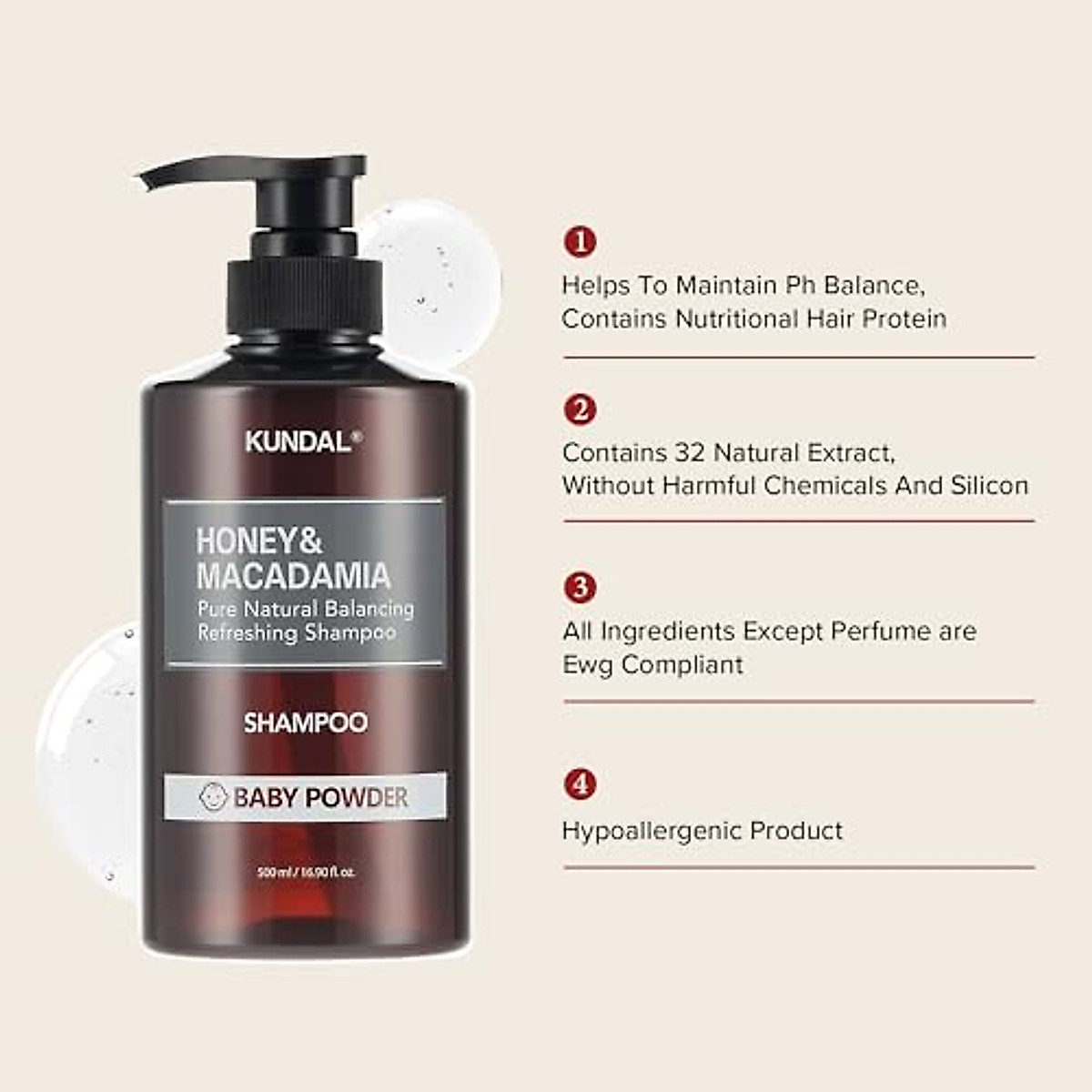 KUNDAL Natural Premium Hair Shampoo [Baby Powder Scent] Honey & Argan Oil, Macadamia Oil, Sulfate Free for Damaged Hair, Travel Size 100ml(3.38Fl Oz)