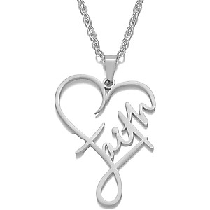 Jude Jewelers Stainless Steel Heart Shaped Word Faith Cross Religious Pendant Necklace (Silver)