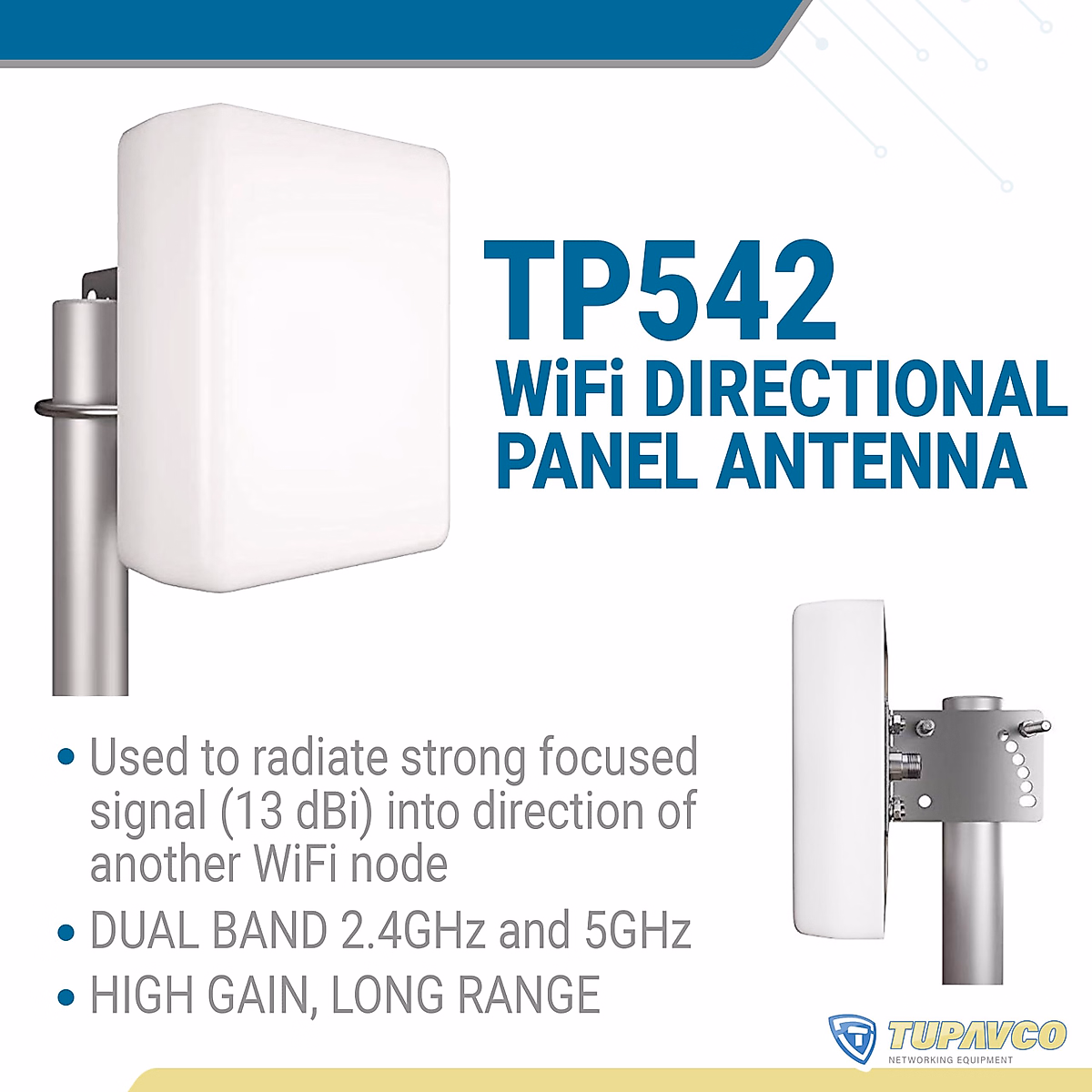Tupavco TP542 Dual-Band (13dBi) Outdoor Directional Panel Antenna (2.4GHz & 5GHz WiFi) Wireless Network Signal (Pole Mast Mount) Weatherproof High-Gain Long-Range (w/N-Female Connector)