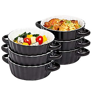 Bruntmor Ceramic Soup Bowls with Double Handles, 10 Oz Stacked Bowls for French Onion Soup, Cereal, Pot Pies, Stew, Chill, Pasta, Set of 6,Black with White Interior