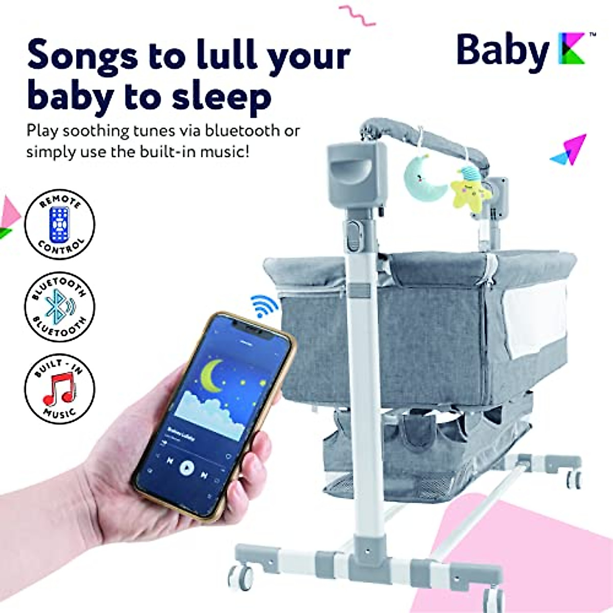 BABY K Electronic Rocking Bedside Bassinet (Grey) - 4 in 1 Automatic Swaying Mesh Baby Bassinet Co Sleeper Crib with 5 Swing Motions, 3 Timer Setting & Bluetooth Music Control for Infant & Toddlers