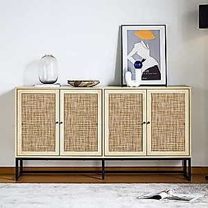QEIUZON Modern Sideboard Cabinet, Accent Storage Cabinet with Rattan Doors and Adjustable Shelves, Freestanding Sideboard Storage Cabinet for Kitchen Dining Living Room Office (Natural)