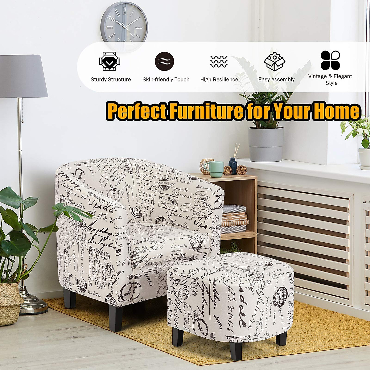 Giantex Modern Accent Chair with Ottoman, Upholstered Barrel Tub Chair and Footrest Set, Linen Fabric Club Arm Chair w/Solid Wood Legs, Ideal for Living Room, Bedroom, Garret