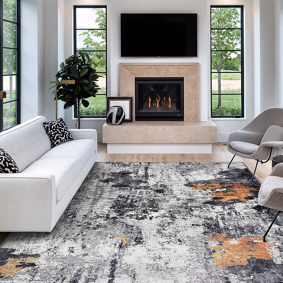 OIGAE Washable Rug 6x9, Abstract Modern Area Rugs with Non-Slip Backing, Non-Shedding Floor Mat Throw Carpet for Living Room Bedroom Kitchen Laundry Home Office, Grey/Yellow