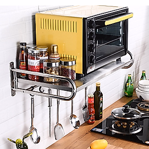 ILWorkTLs Wall Mounted Microwave Oven Rack,Stainless Steel Kitchen Shelf with 6 Hook for Kitchen,Restaurant,Silver