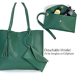 Minimalist Clean Cut Pebbled Faux Leather Tote Womens Shoulder Handbag (Green) Medium