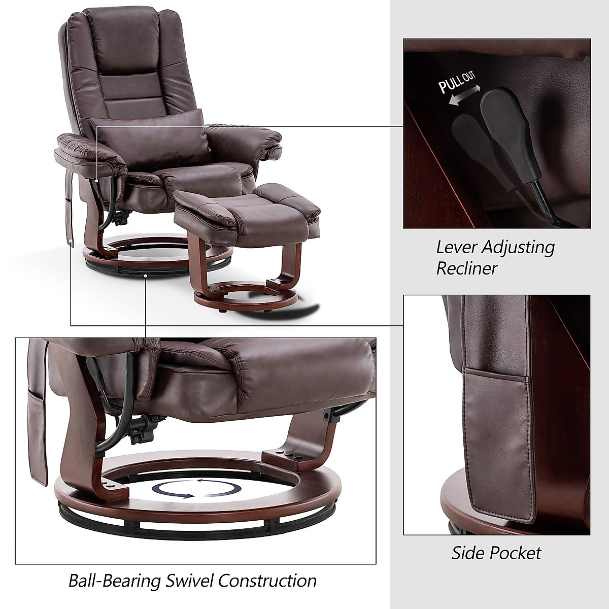 MCombo Recliner with Ottoman Chair Accent Recliner Chair with Vibration Massage, Removable Lumbar Pillow, 360 Degree Swivel Wood Base, Faux Leather 9096 (Dark Brown)