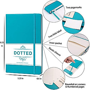 Artfan Bullet Dotted Journal Notebook - Dotted Grid Hard Cover Notebook, Index & Numbered Pages with Label, 5.25" x 8.25", Thick Paper with Inner Pocket & 2 Bookmarks, Faux Leather - Teal