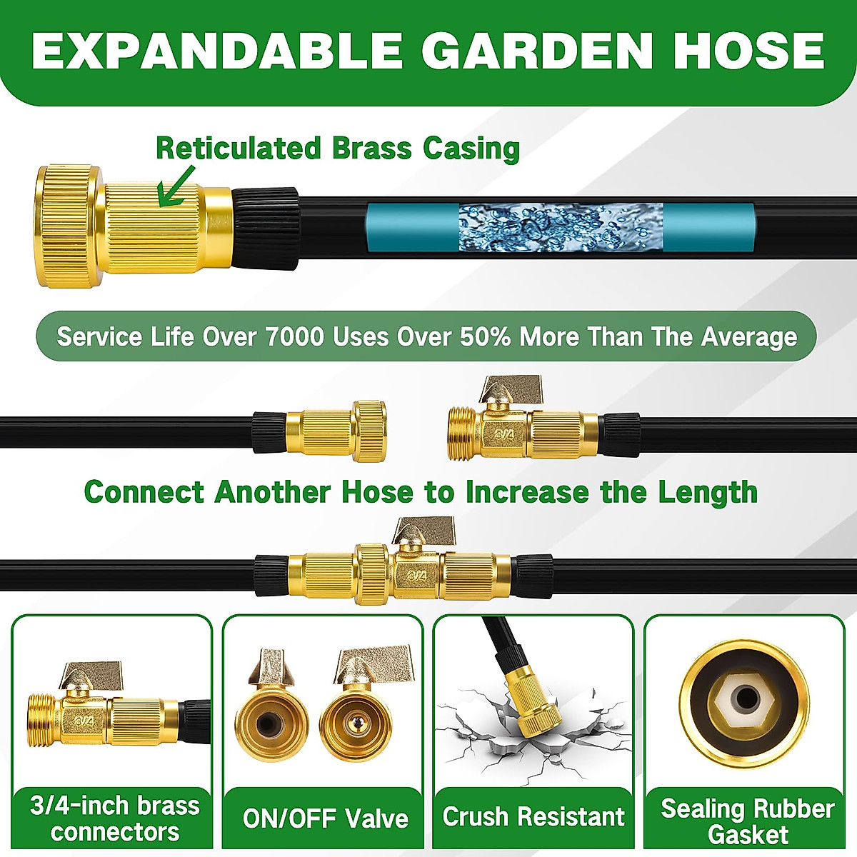 Expandable Garden Hose 100ft Durable Flexible 50 Layers Nano Rubber Lightweight No-Kink Water Pipe 10 Functions Spray Nozzle Water Hose 3/4'' Solid Brass Fittings Easy Storage for Outdoor Yard Black