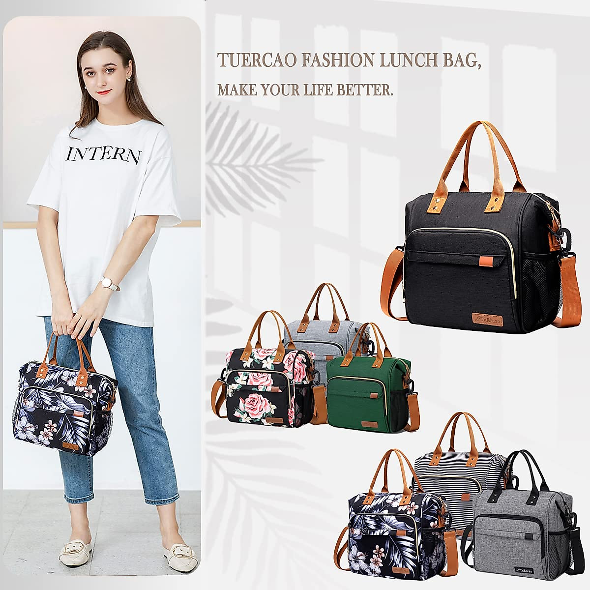 TuErCao Insulated Lunch Bag - Large Portable Cooler Lunch Box for Office Work School Picnic Beach Workout - Reusable Freezable Tote Lunch Bag Organizer with Adjustable Shoulder Strap for Women Men