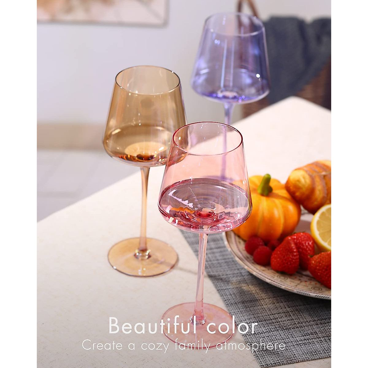 comfit Colored Wine Glasses set of 6-Crystal Colorful Wine Glasses With Long Stem,Square wine glasses with flat bottom,Ideal for full-bodied wine,Wine gifts for wedding,housewarming18OZ