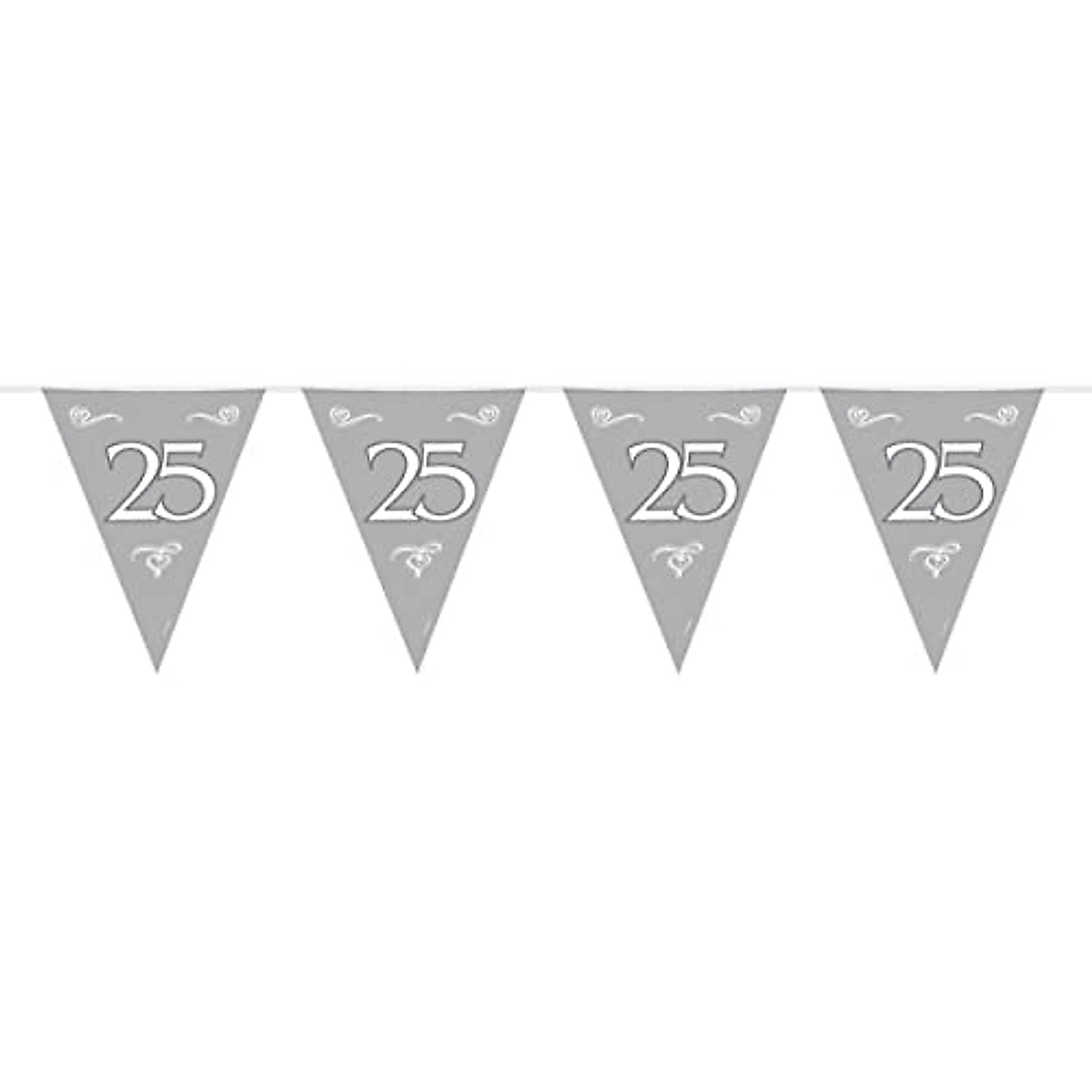 Bunting Silver 25th Anniversary 10 metres, 15 Triangle flags each flag measures approx. 30x22cms. Plastic