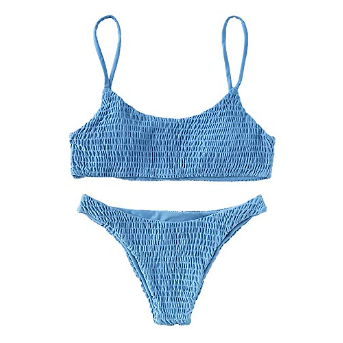 Verdusa Women's 2 Peices Textured Bathing Suit Smocked Wireless Bikini Bandeau Top Thong Swimsuit Blue M