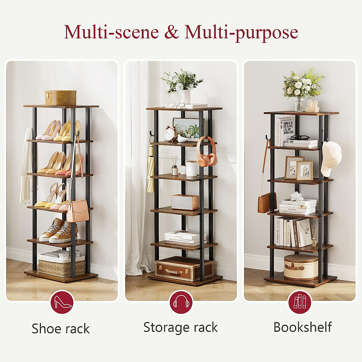 Tajsoon 6 Tier Tall Narrow Shoe Rack Organizer with 2 Hooks, Vertical Shoe Rack for Small Spaces, Shoe Shelf for 10-12 Pairs of Shoes, Small Shoe Rack for Closet, Entryway, Living Room, Bedroom
